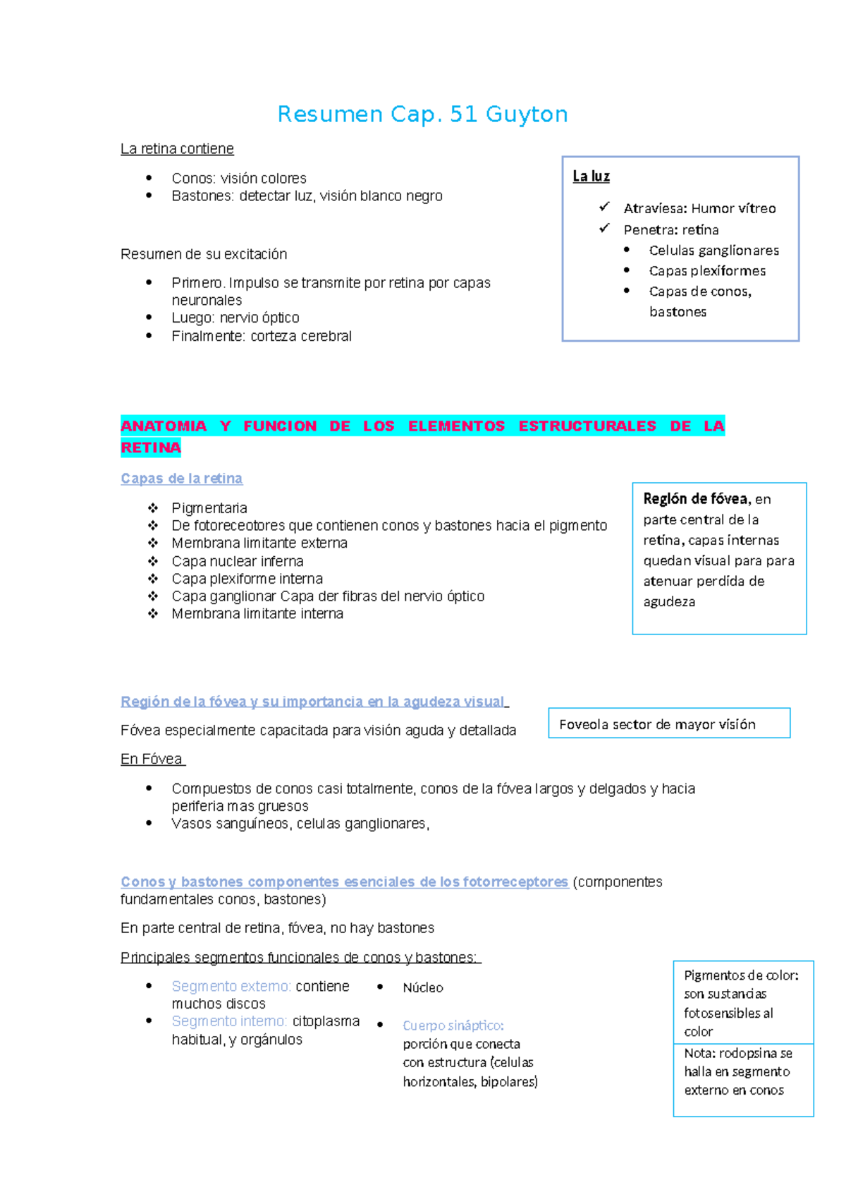Resumen guyton cap 51 - Resumen Cap. 51 Guyton La retina contiene Conos: visión colores - Studocu