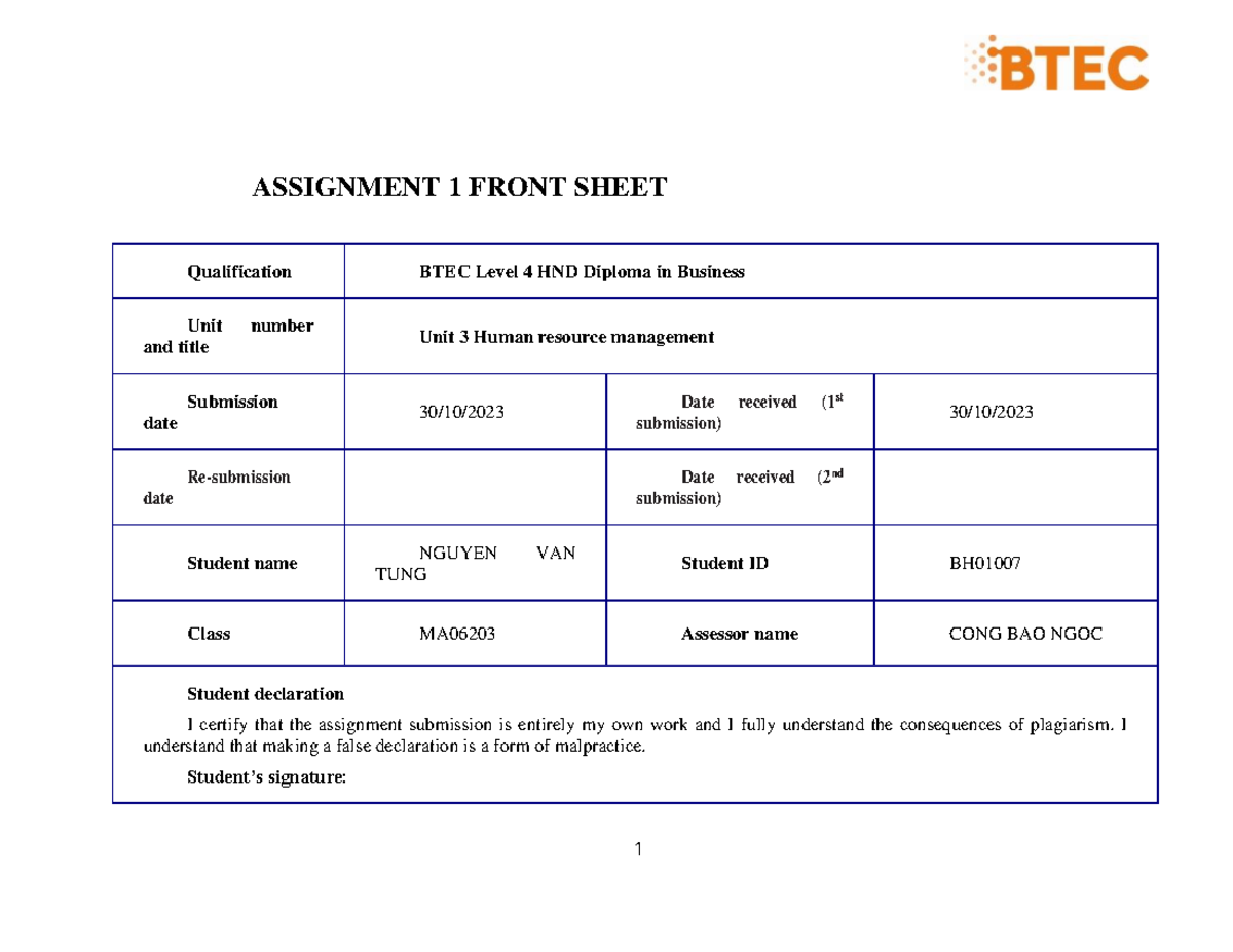 ASM1 HRM Nguyenvantung - ASSIGNMENT 1 FRONT SHEET Qualification BTEC Level 4 HND Diploma in ...
