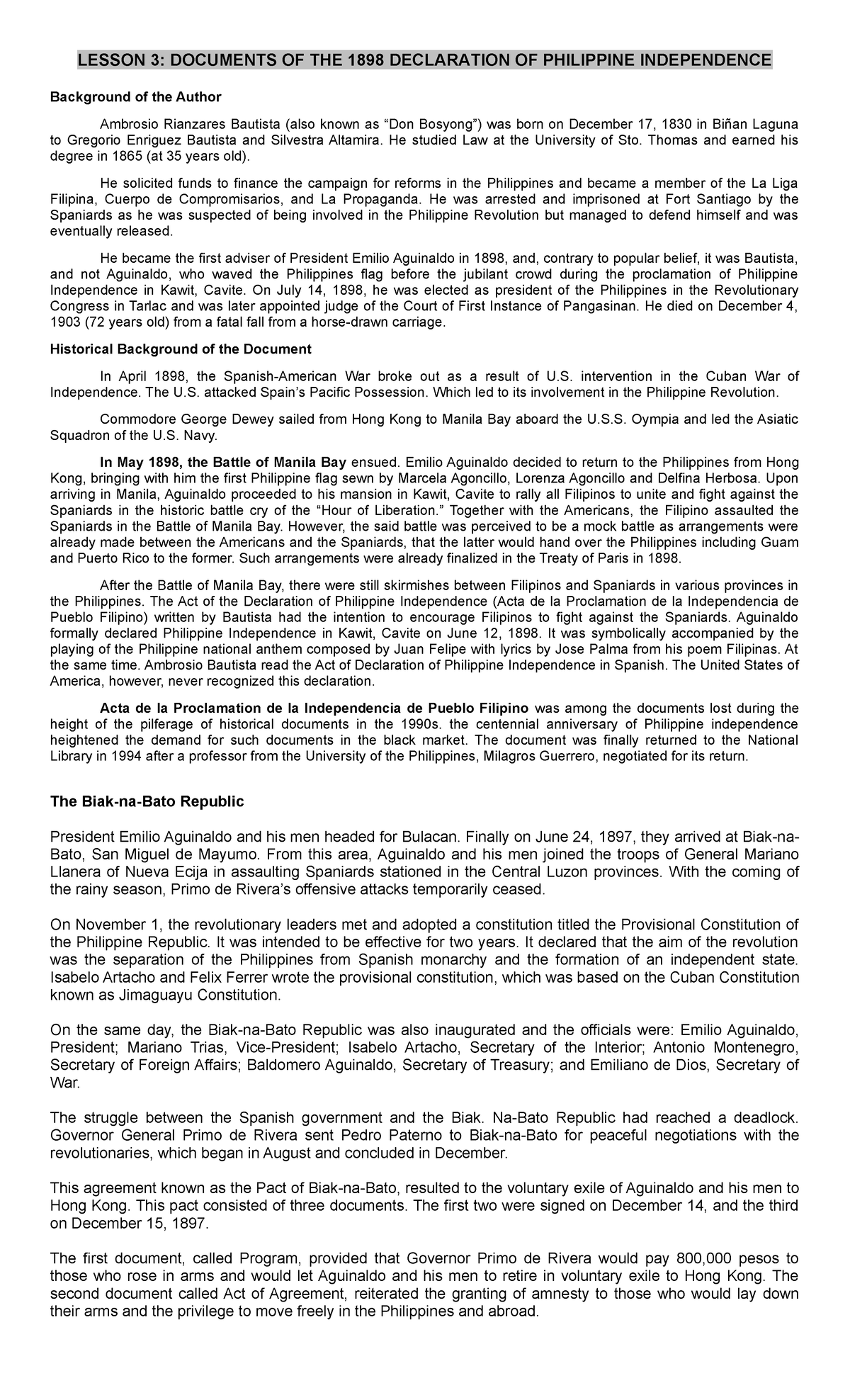 History - LESSON 3: DOCUMENTS OF THE 1898 DECLARATION OF PHILIPPINE ...