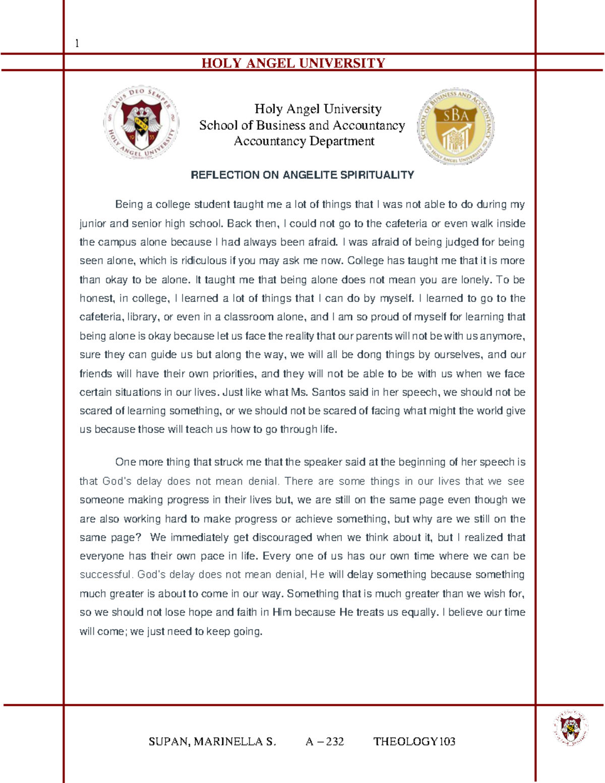 First Conference Reflection Supan Marinella - 1 HOLY ANGEL UNIVERSITY ...