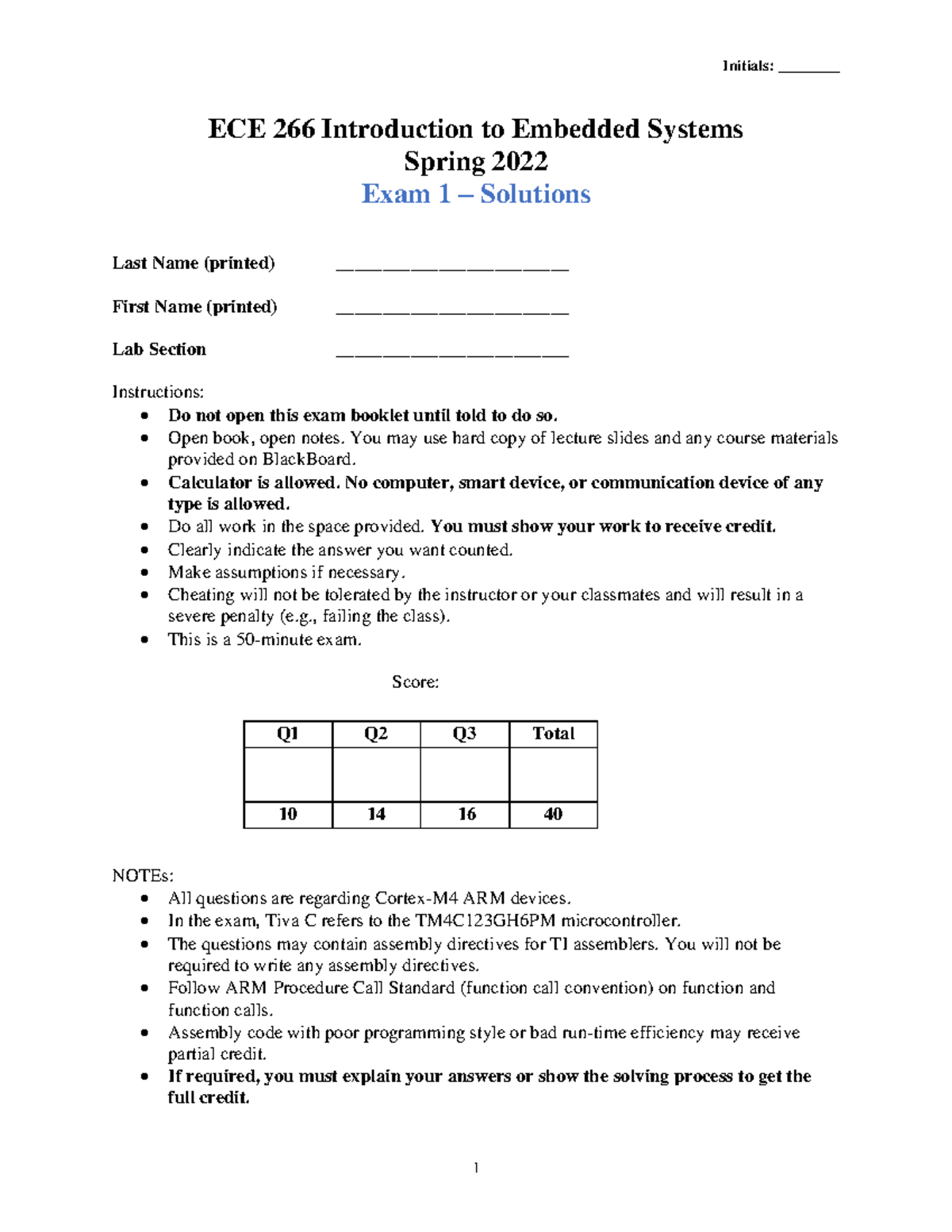 Exam1-S22-Solutions spring 2022 - ECE 266 Introduction to Embedded Systems Spring 2022 Exam 1 ...