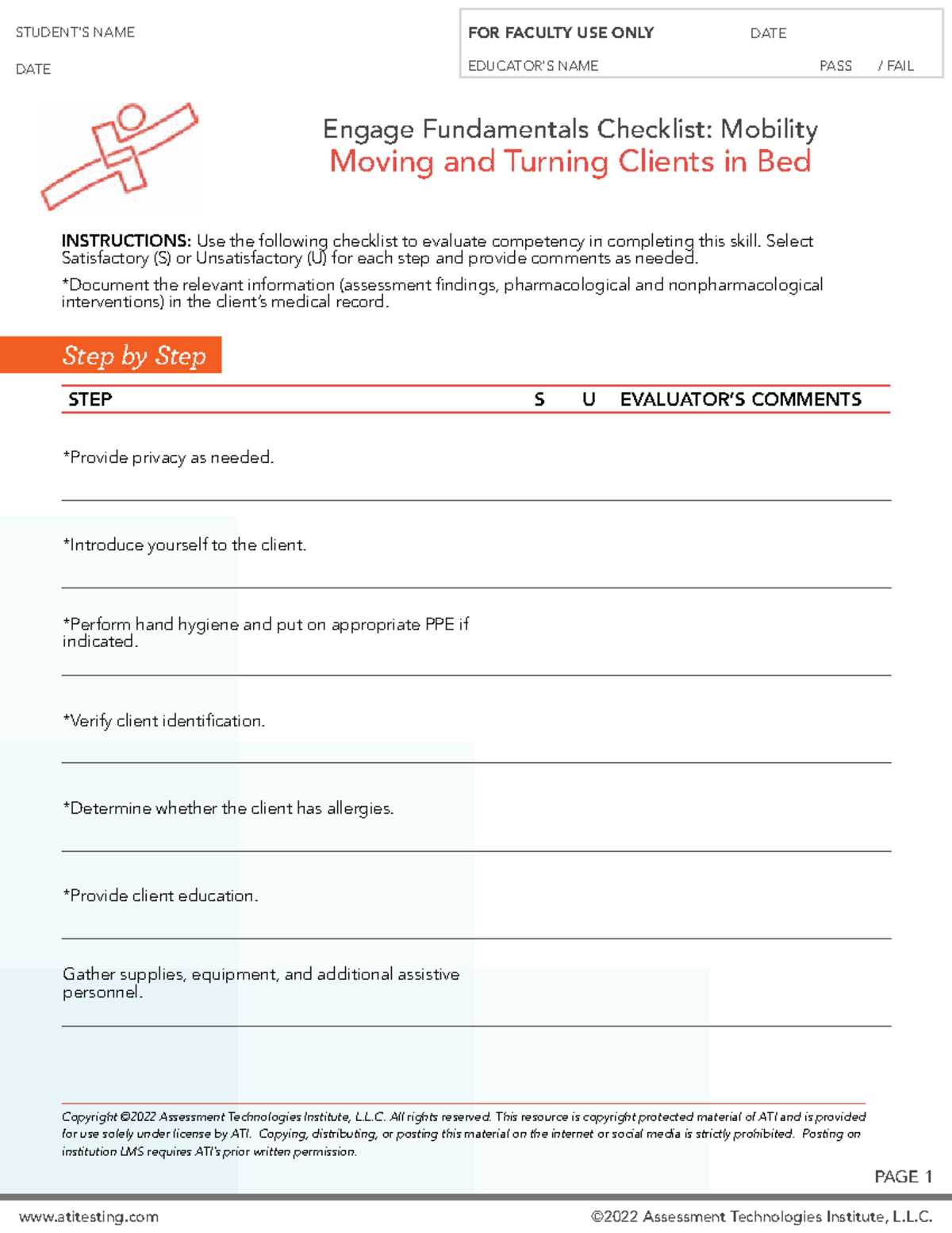 Skills Checklist Mobility Moving Turning - PAGE 1 Copyright ©2022 ...