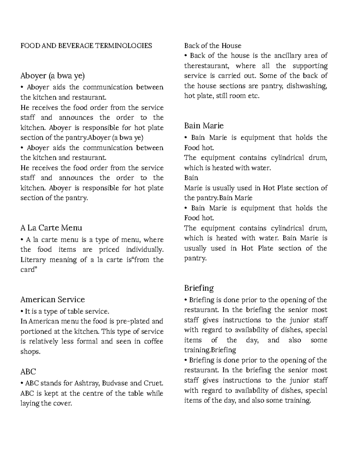 FOOD AND Beverage Terminologies - FOOD AND BEVERAGE TERMINOLOGIES ...