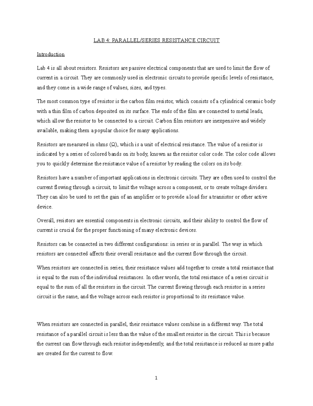 LAB 4 Resistors - LAB 4: PARALLEL/SERIES RESISTANCE CIRCUIT ...