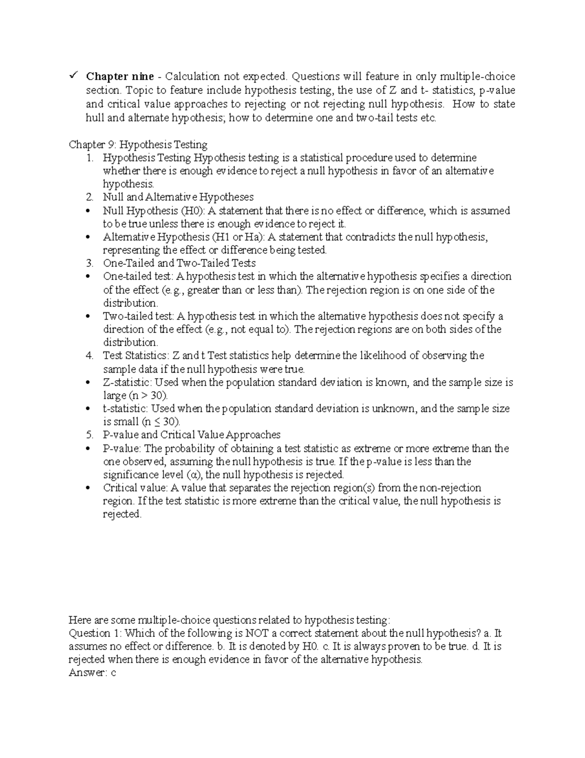 Stat chap ch 9 - Stat chap ch 9 - Chapter nine - Calculation not ...