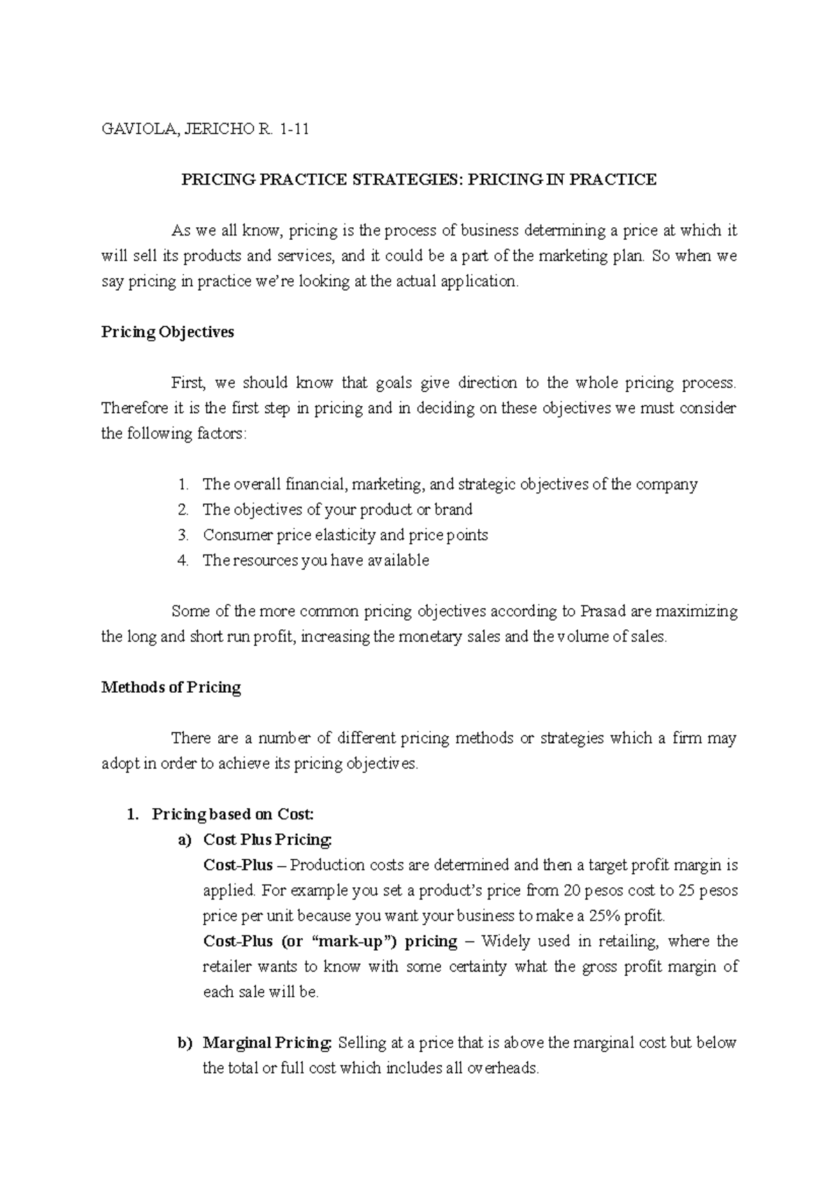 Pricing-in-Practice - about economics - GAVIOLA, JERICHO R. 1- PRICING ...