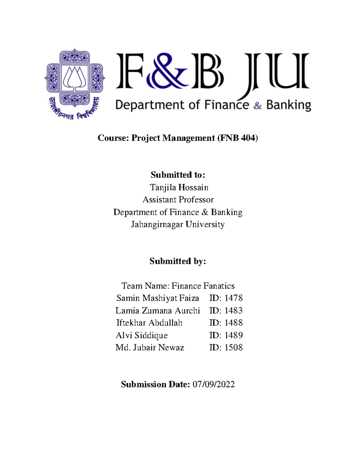 Finance Fanatics (PM) - Course: Project Management (FNB 404) Submitted ...