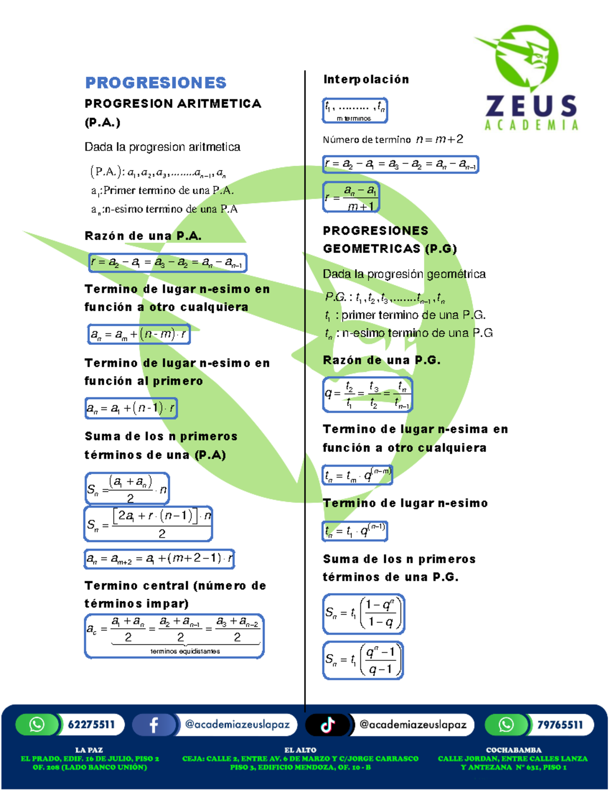 Progresiones - formulario!!!!!! - PROGRESIONES PROGRESION ARITMETICA (P.) Dada la progresion ...