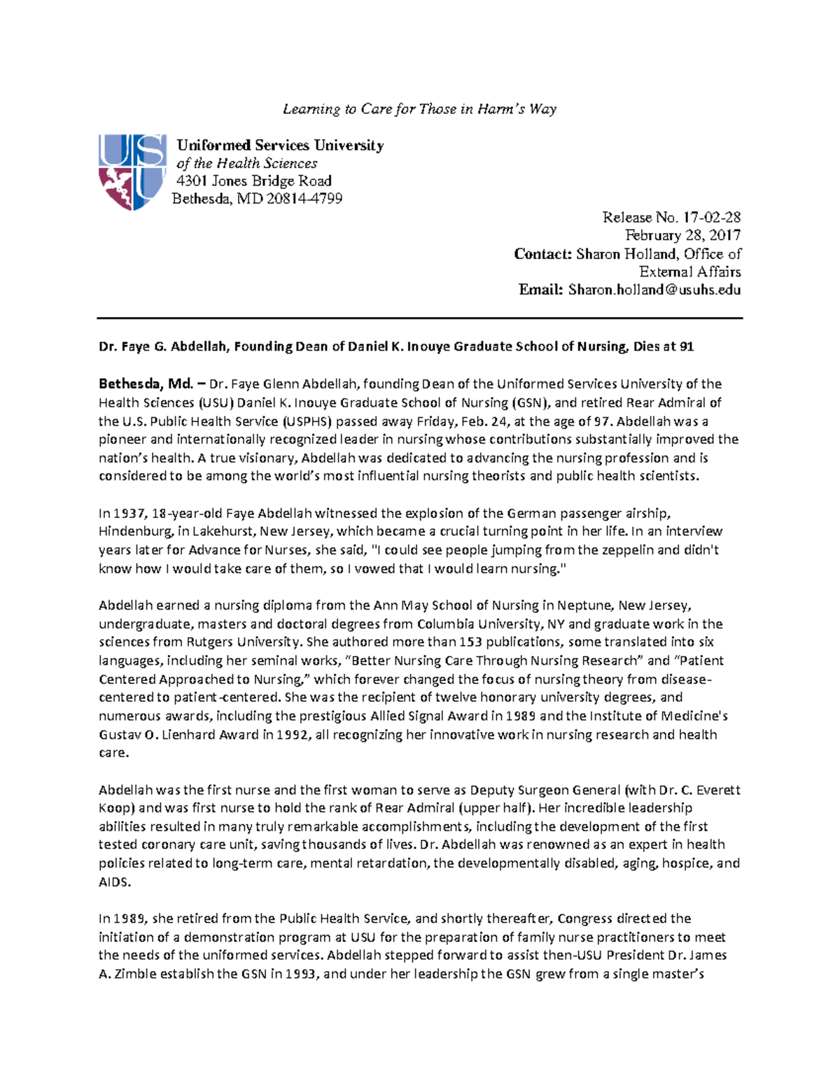 Release 17-02-28 dr. faye g. abdellah founding dean of daniel k. inouye ...