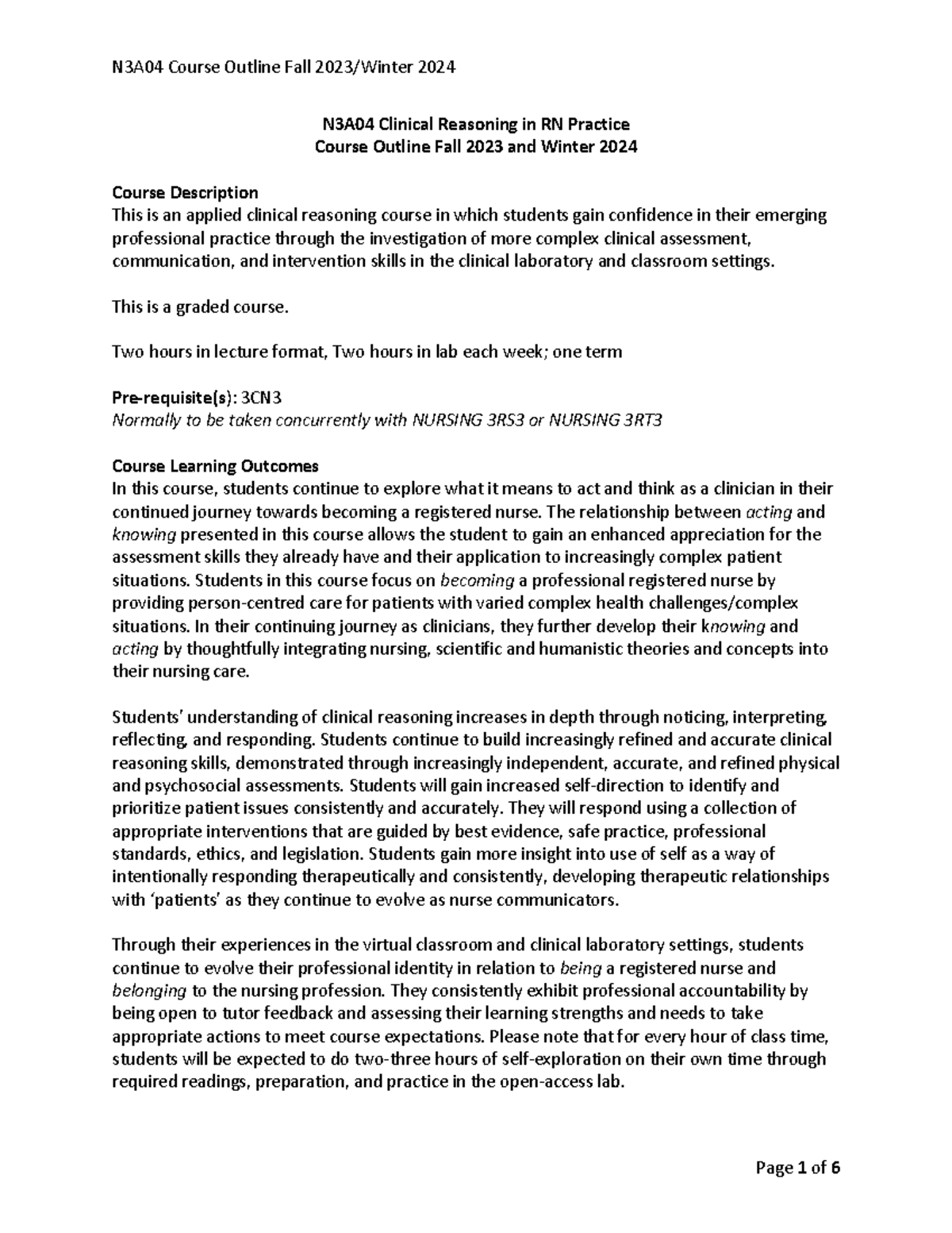 N3A04 Course Outline F2023 W20243 - N3A04 Clinical Reasoning in RN ...