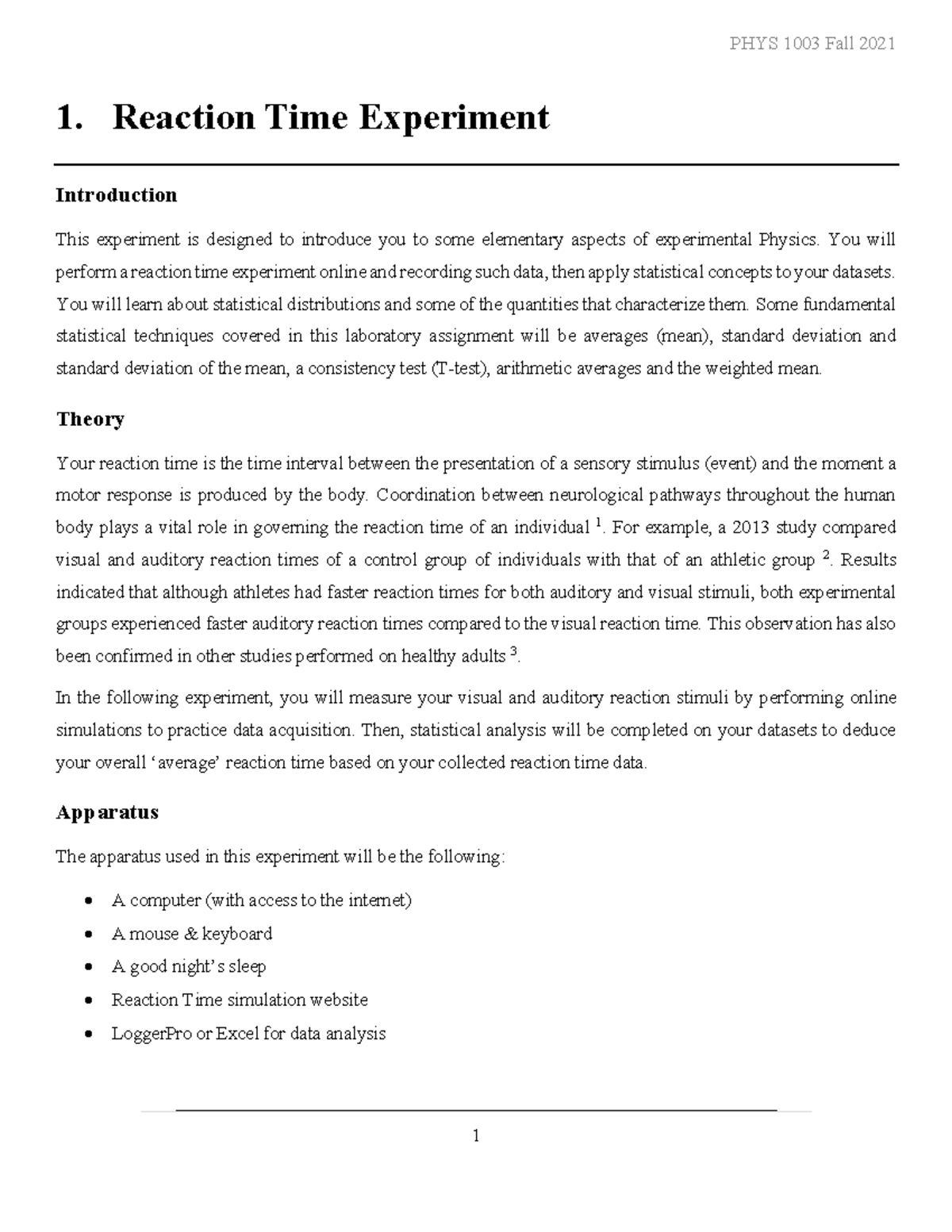 Reaction Time Manual F2021 - 1. Reaction Time Experiment Introduction ...