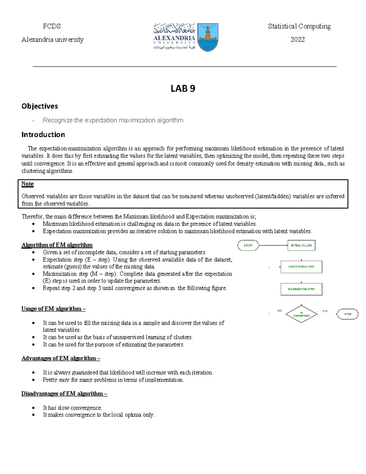 Lab 9 Recognize The Expectation Maximization Algorithm Fcds 8903