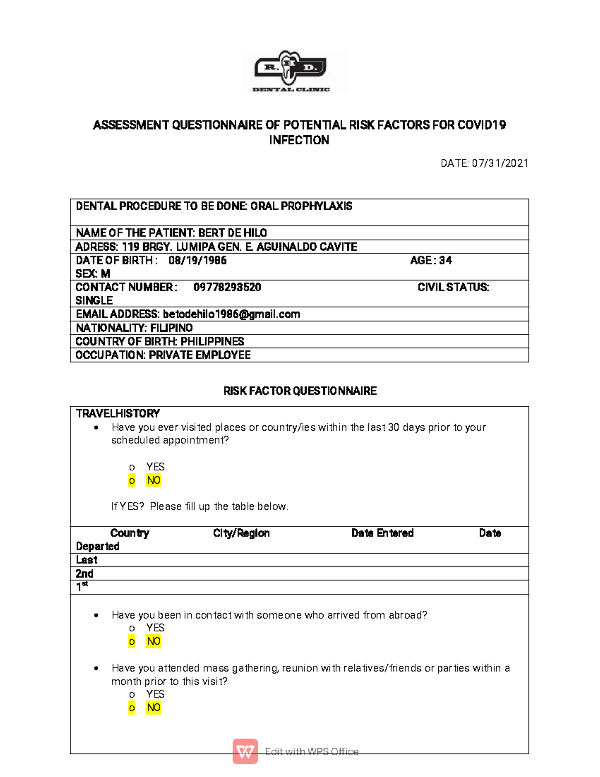 Assessmet Questionnaire OF Potential RISK Factors FOR Covid 19 ...