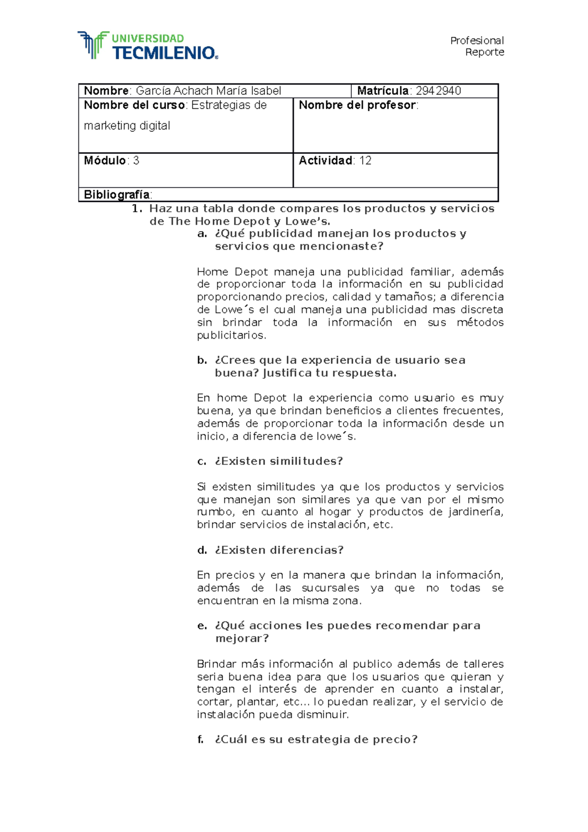 Act 12 estrategias de marketing digital - Profesional Reporte Nombre ...
