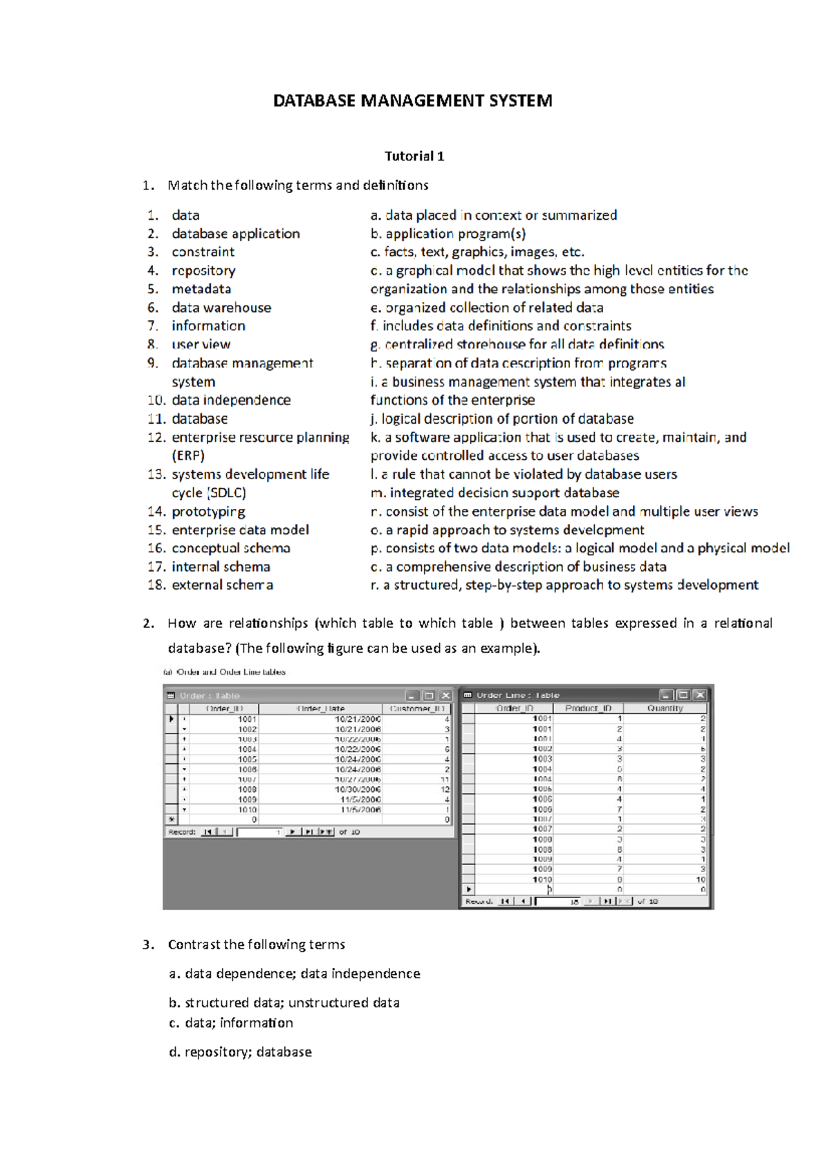 Tut 1 - tham khảo nha - DATABASE MANAGEMENT SYSTEM Tutorial 1 Match the ...