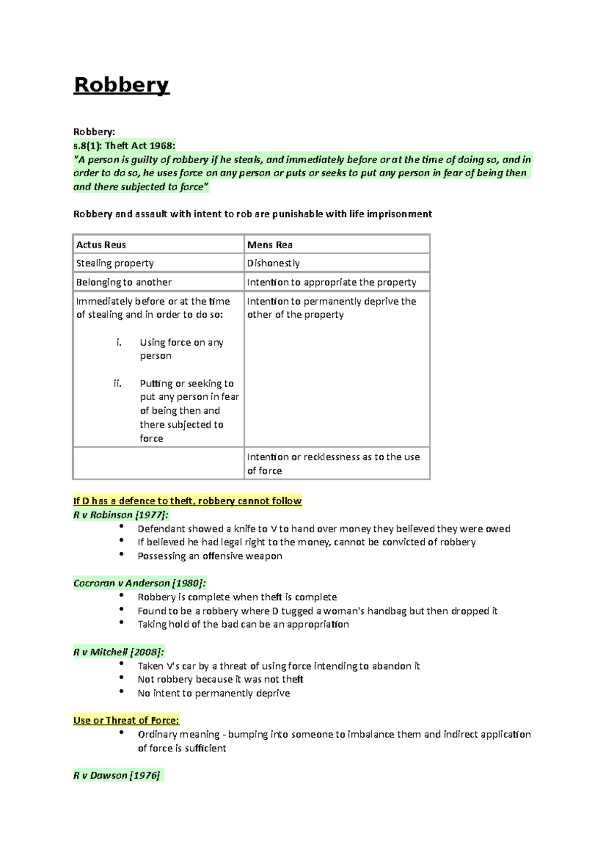 Lecture 6.3 Robbery - Robbery Robbery: s(1): Theft Act 1968: "A person ...
