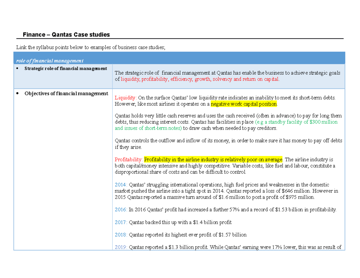 Finance topic Case Study template - Finance – Qantas Case studies Link ...