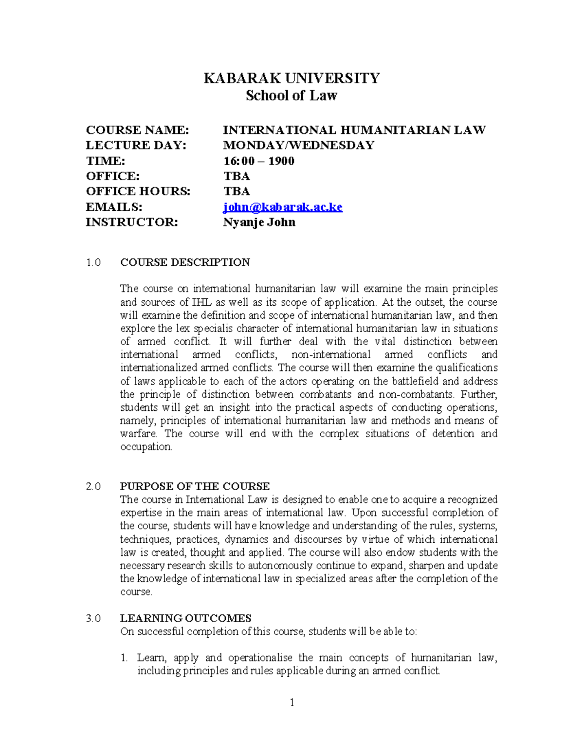 Course Outline - LLB IHL 2024 - KABARAK UNIVERSITY School of Law COURSE ...