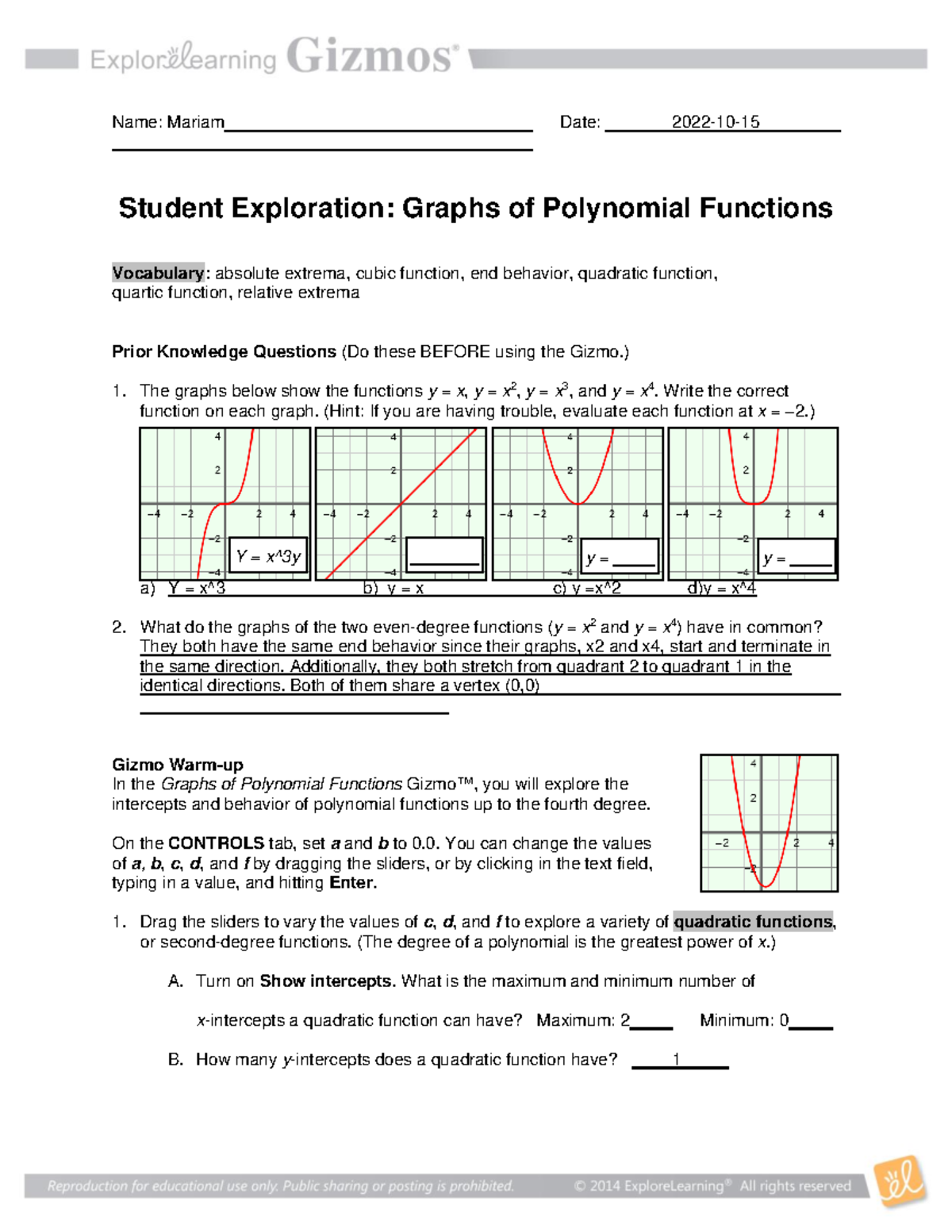 MHF4U-Unit1-Graphs Polynomial Funcs SE - Name: Mariam Date: 2022-10 ...