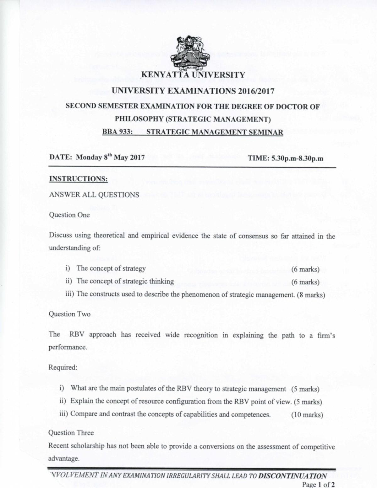 BBA9332017 0508 - Strategic Management Seminar Revision Materials ...