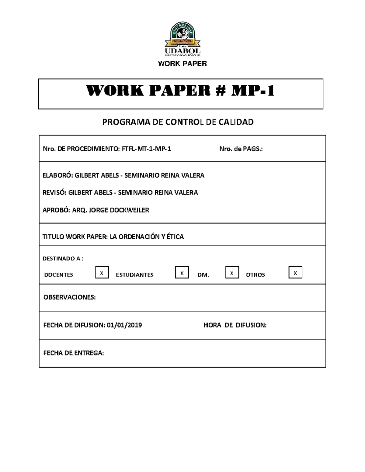 Workpaper 1 - Udabol - WORK PAPER PROGRAMA DE CONTROL DE CALIDAD Nro ...