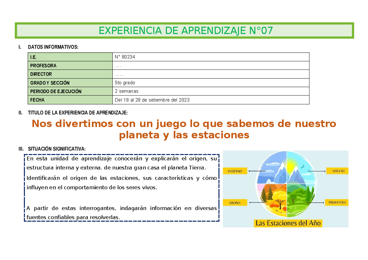 5° Grado - Experiencia DE Aprendizaje N°07 - EXPERIENCIA DE APRENDIZAJE N° I. DATOS INFORMATIVOS ...