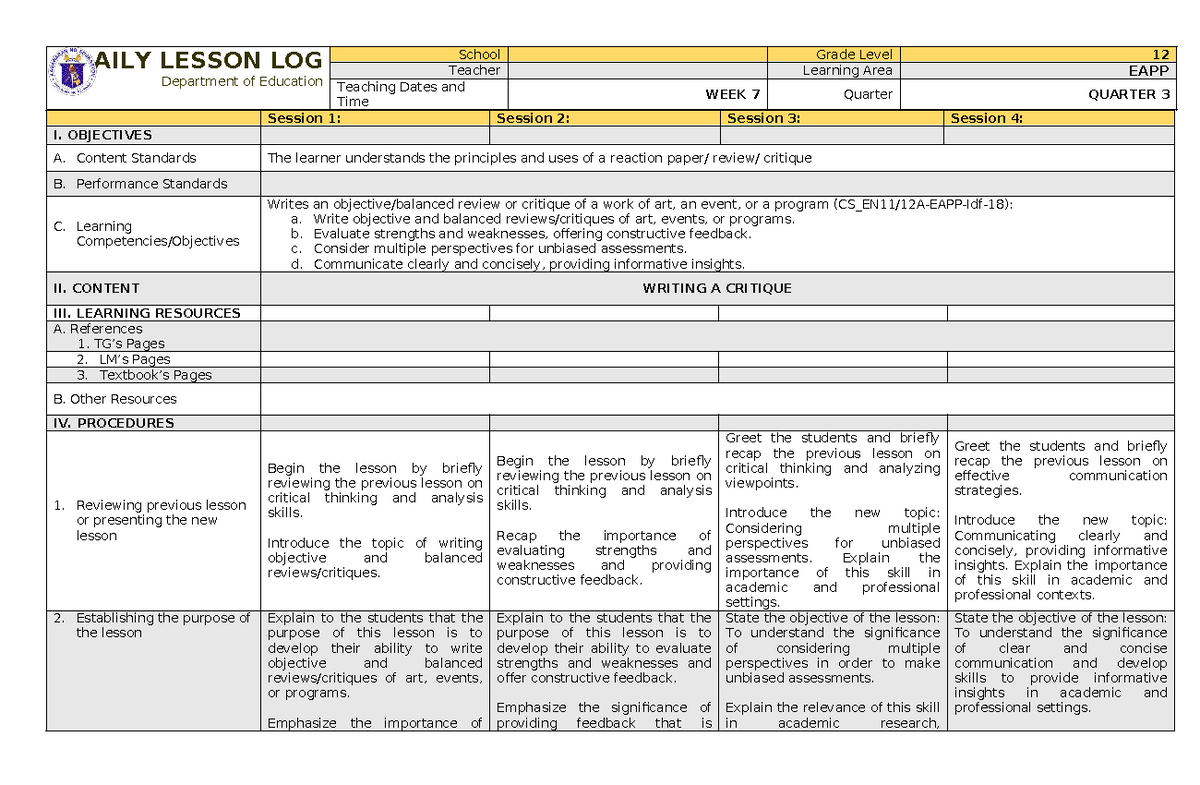 EAPP Quarter 3 WEEK7 - Daily Lesson Log - DAILY LESSON LOG Department ...