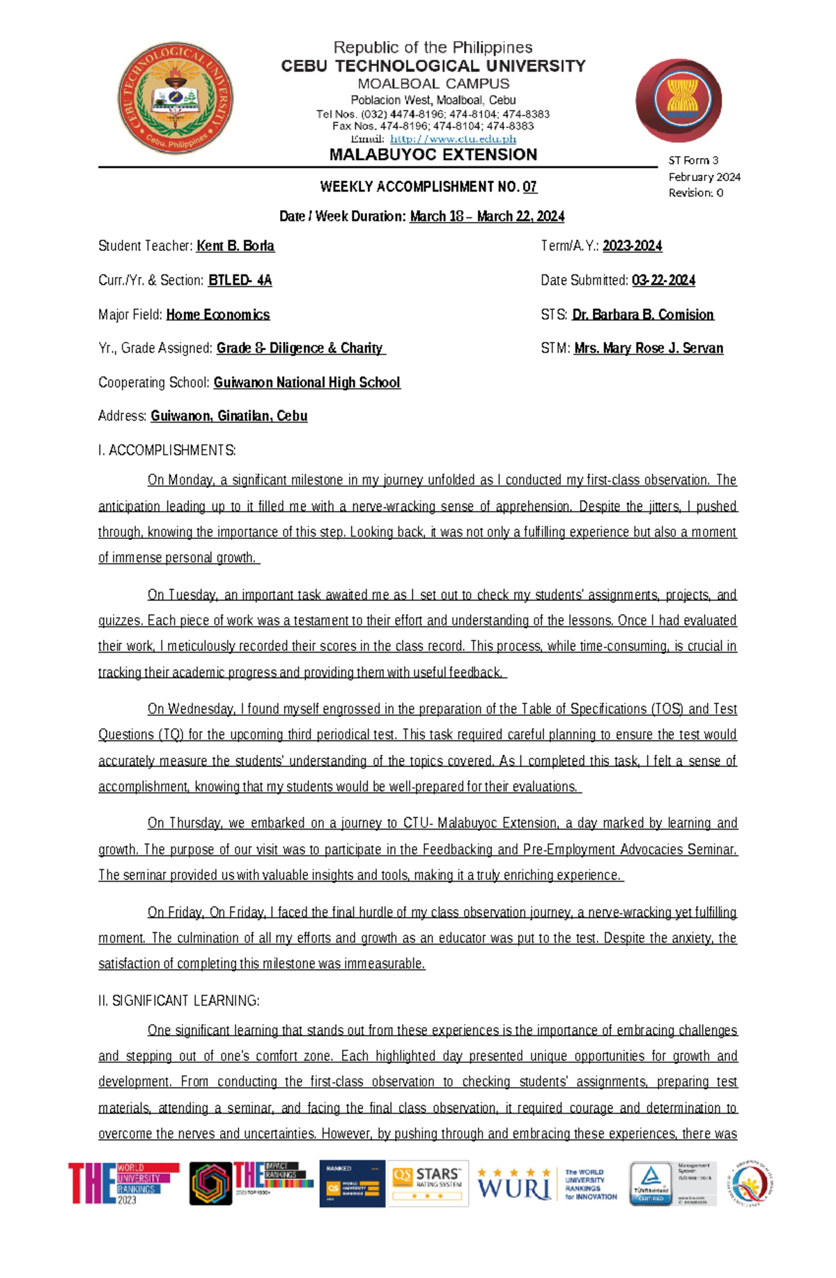 Weekly Accomplishment Report - ST Form 3 February 2024 WEEKLY ...