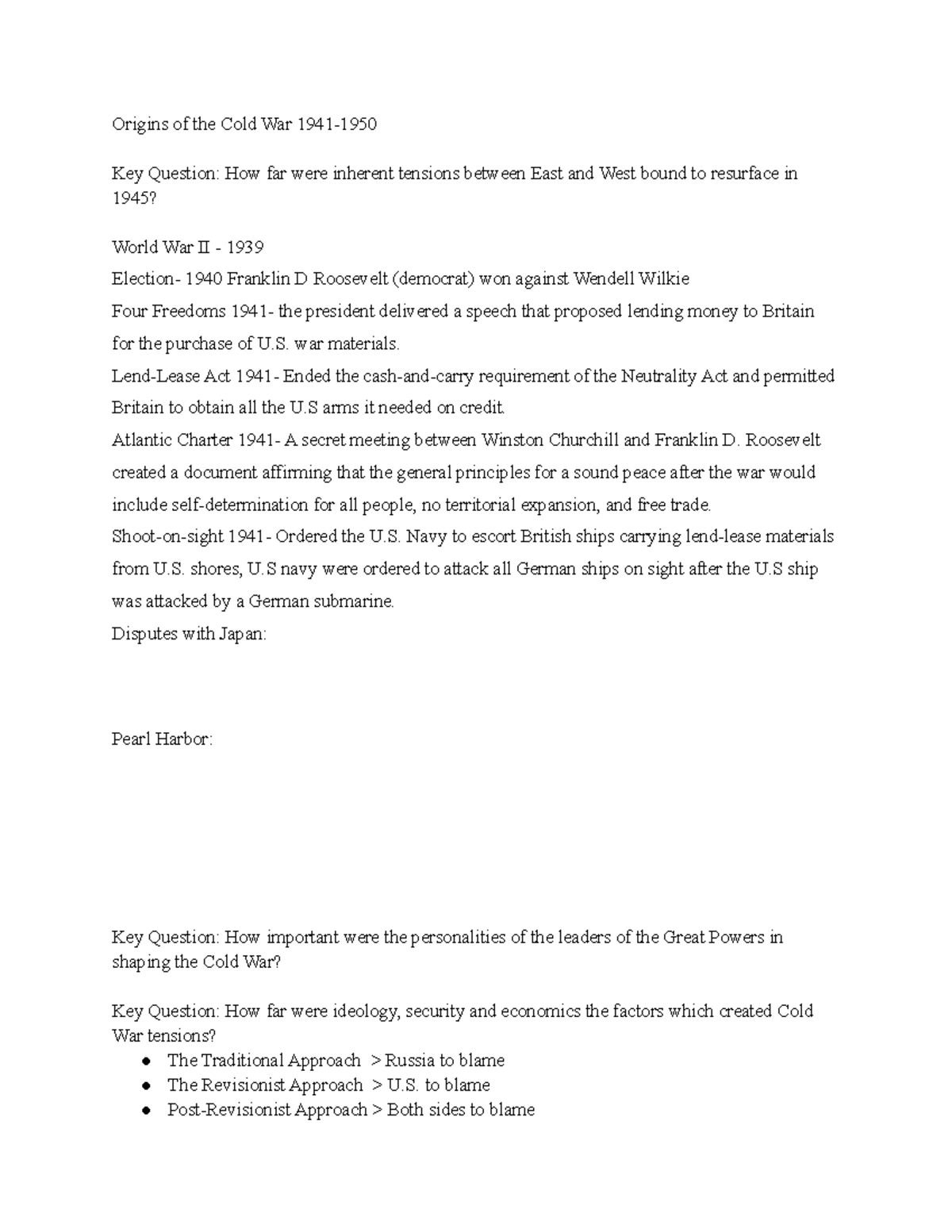 Paper 3 - Notes on the cold war - Origins of the Cold War 1941- Key ...