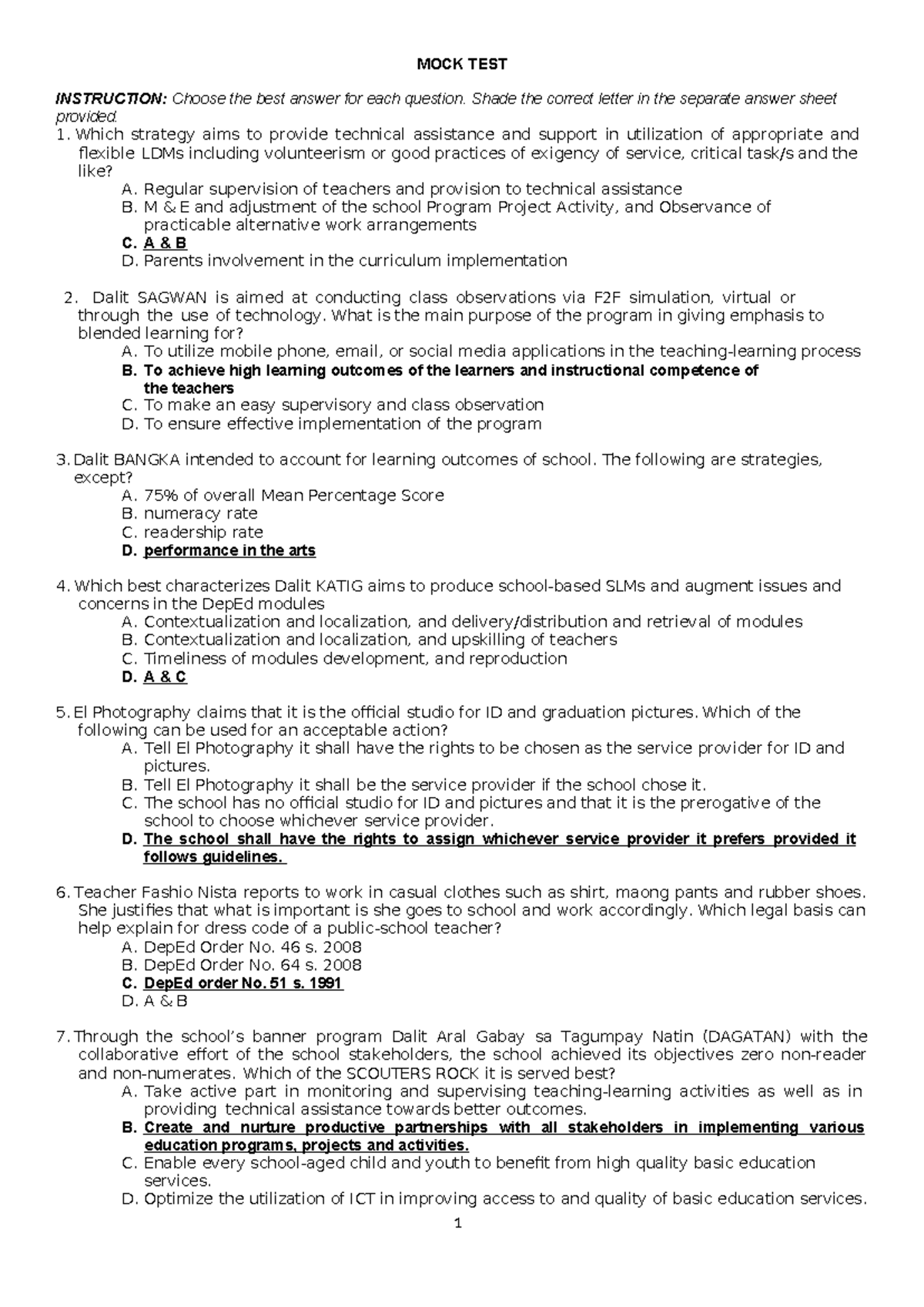 Mocktest 1 - NQESH - MOCK TEST INSTRUCTION: Choose the best answer for ...