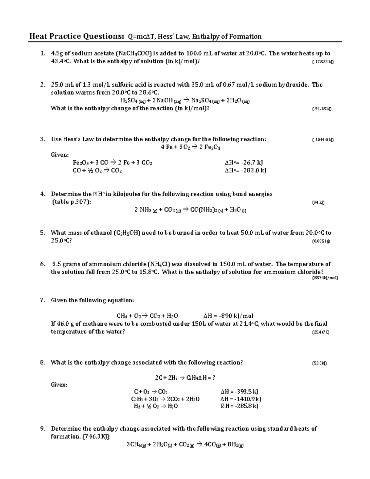 14 Heat Problem Set - .jb - Heat Practice Questions: Q=mcΔT, Hess’ Law ...