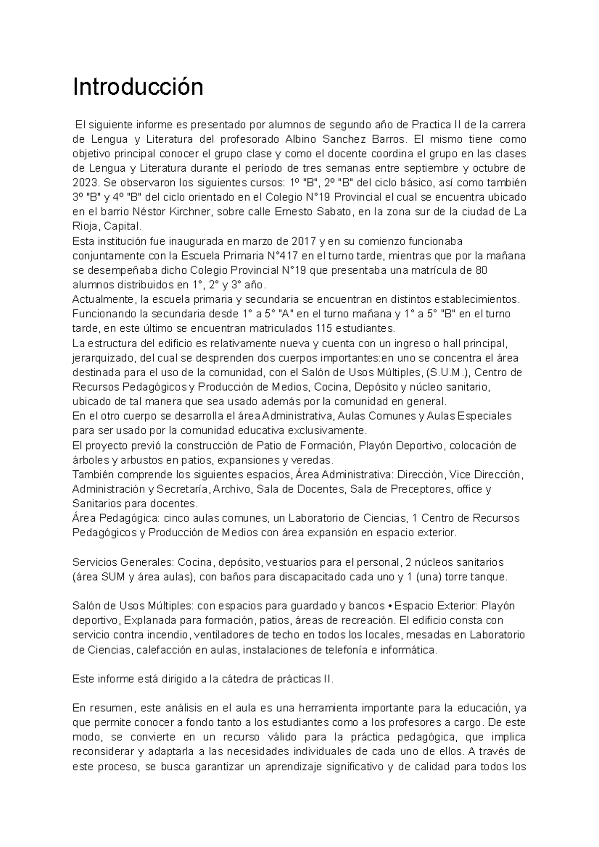 Informe institucional Colegio N°19 - Introducción El siguiente informe ...