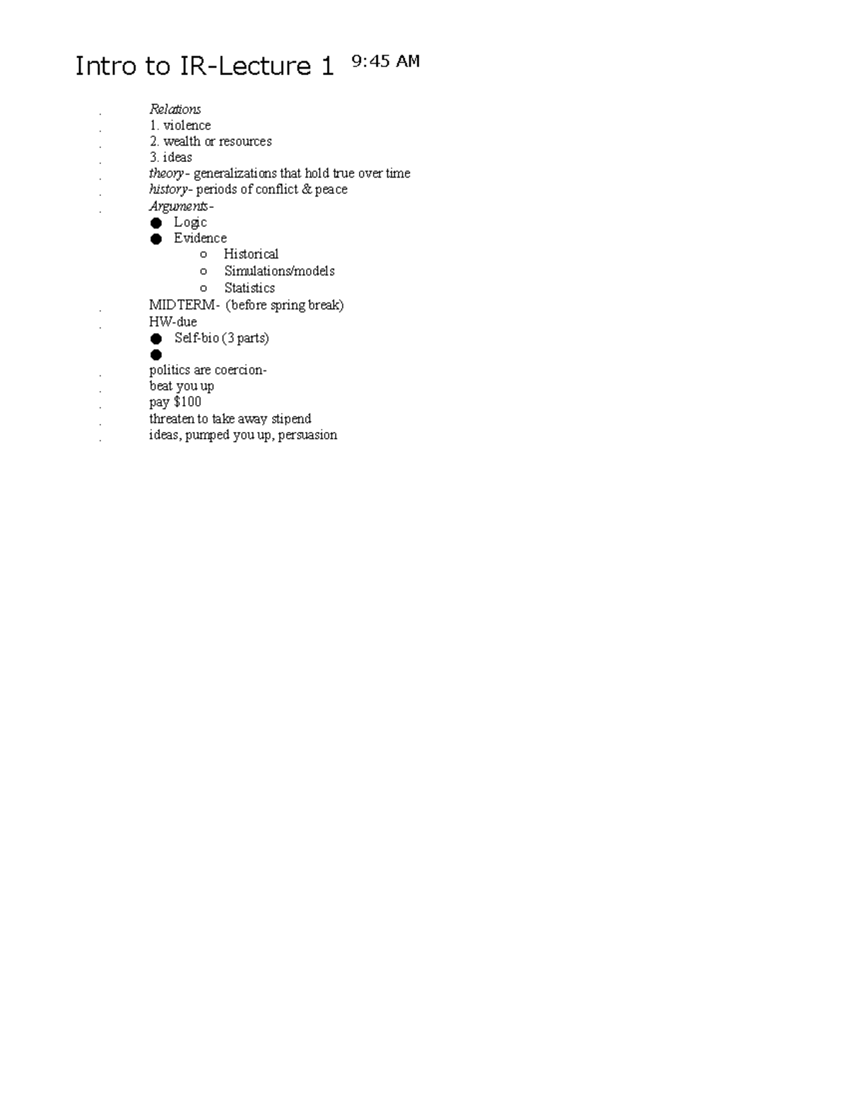 Intro To Ir Midterm 1 Lecture Notes 1 10 Intro To Ir Lecture 1 945 Am Relations 1 Violence