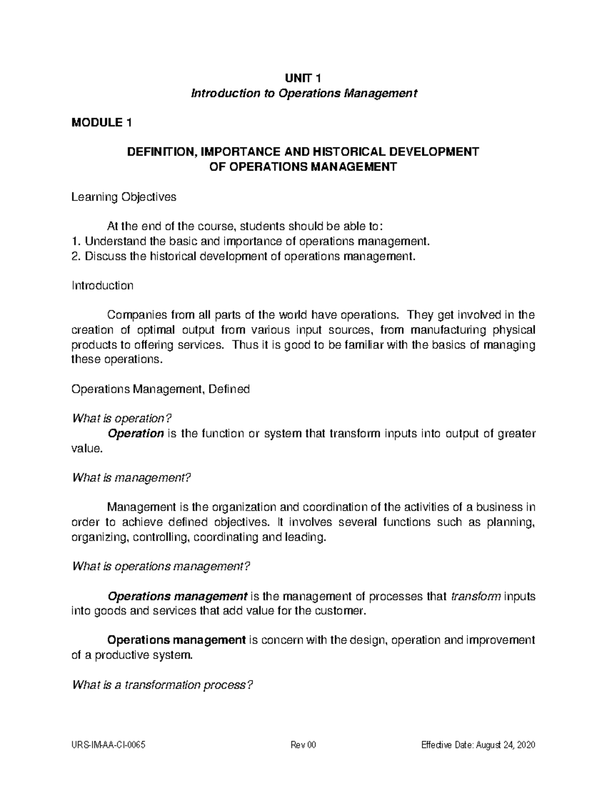 Introduction to Operations Management - UNIT 1 Introduction to ...