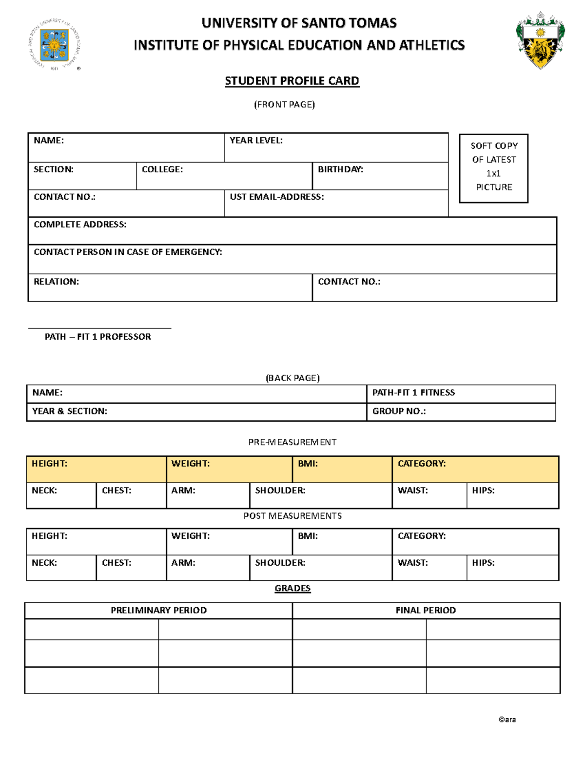Student Profile CARD - ©ara UNIVERSITY OF SANTO TOMAS INSTITUTE OF ...