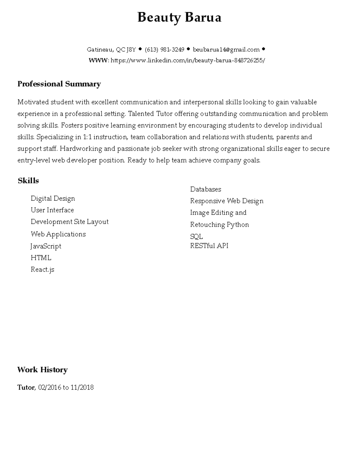 Beauty Barua Resume - College algebra - Beauty Barua Gatineau, QC J8Y • (613) 981-3249 • - Studocu