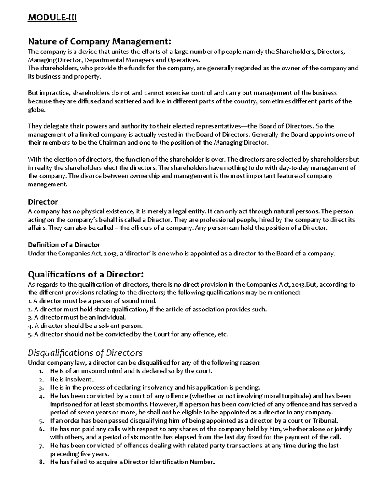 BBA Company mod 3 law sem3 - MODULE-III Nature of Company Management ...