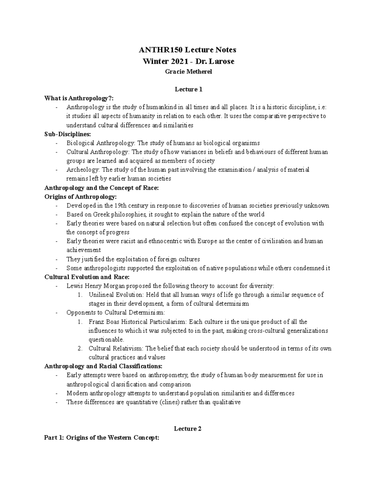 Anthr 150 Notes - ANTHR150 Lecture Notes Winter 2021 - Dr. Larose ...