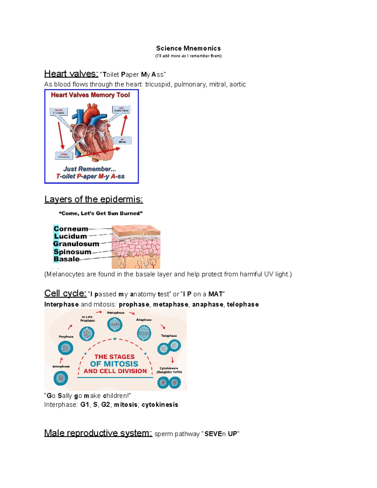Mnemonics - anatomy and physiology - Science Mnemonics (I’ll add more ...