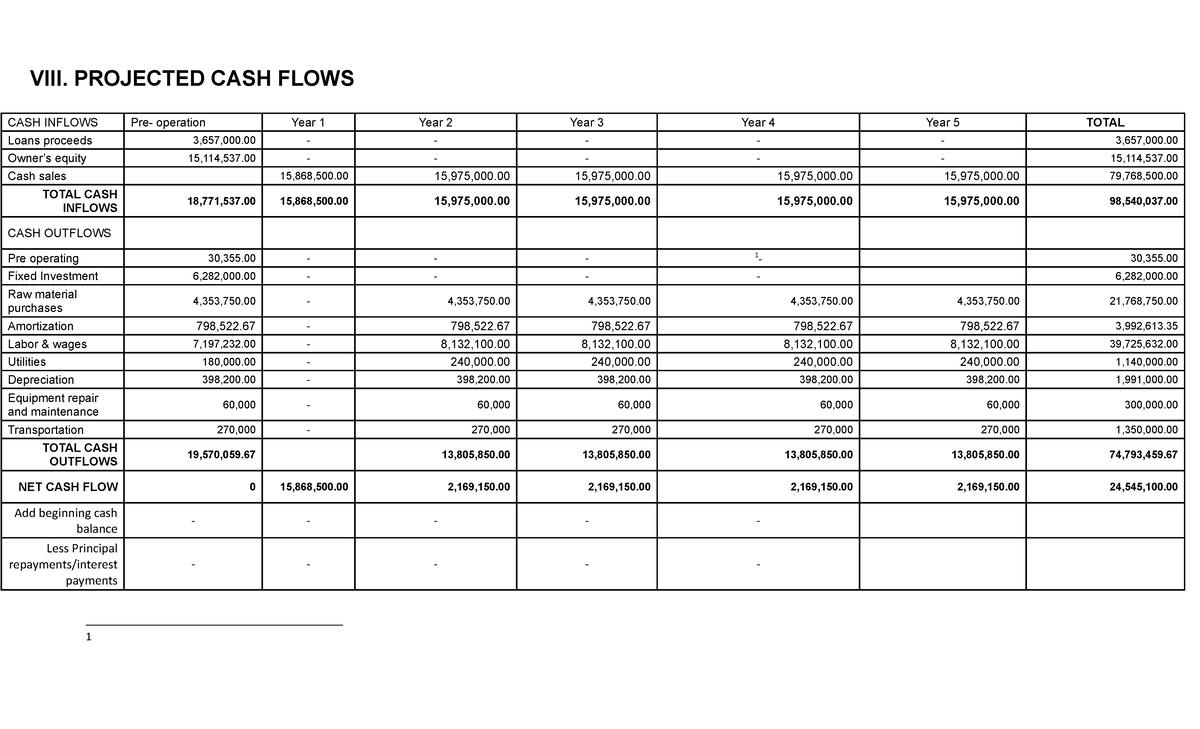 Cash flow - Cash flow - CASH INFLOWS Pre- operation Year 1 Year 2 Year ...
