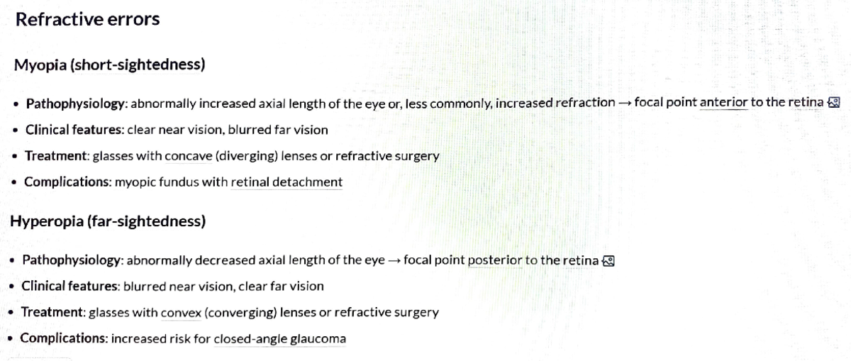 Opthalmology disease notes - Refractive errors Myopia (short ...