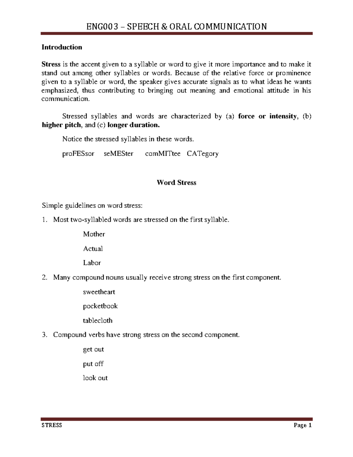 Eng003 handout stress - Oral Communication - Introduction Stress is the ...