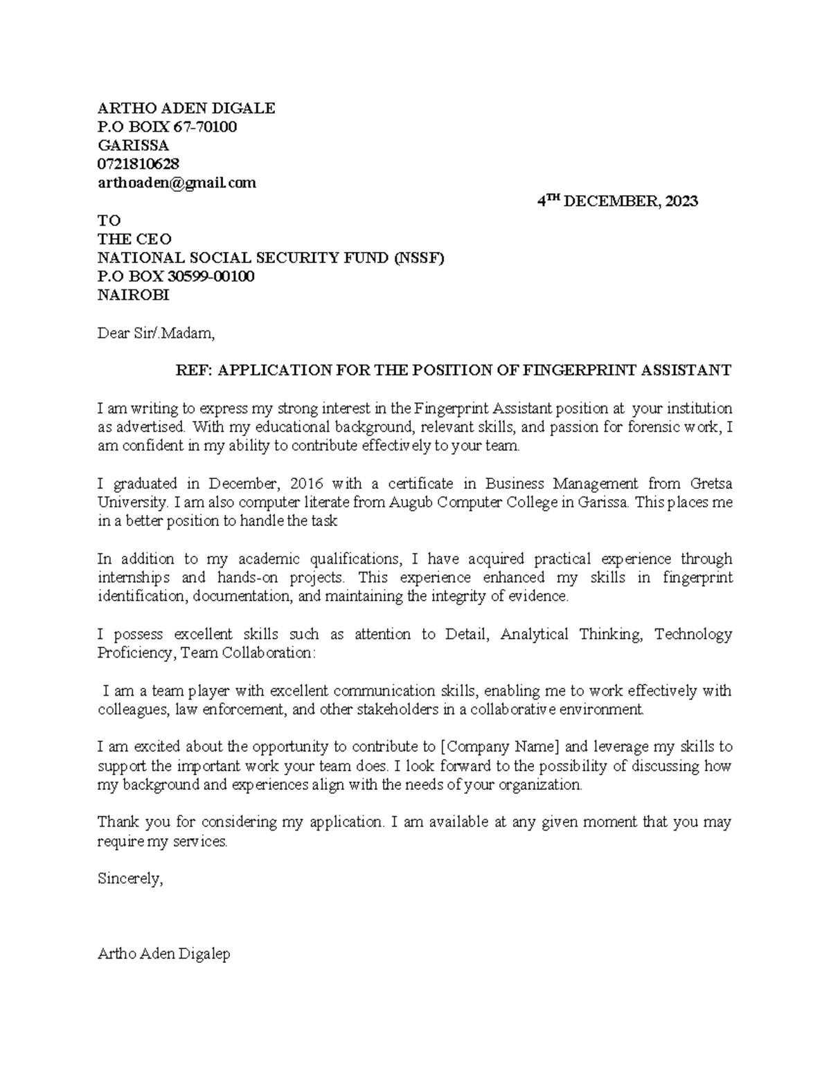 Cover letter NSSF - ARTHO ADEN DIGALE P BOIX 67- GARISSA 0721810628 ...