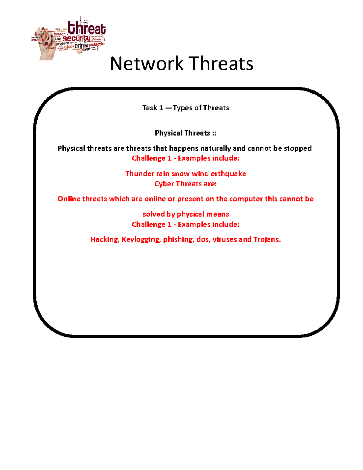 Network Threats Worksheet - Task 1 —Types of Threats Physical Threats ...