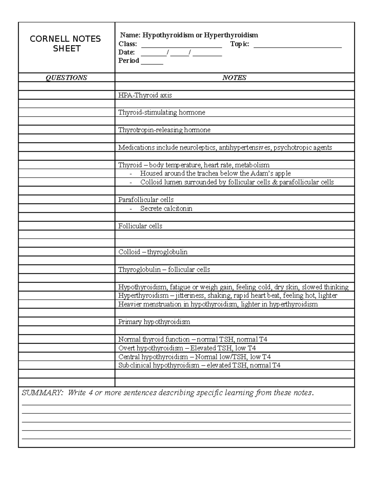 Hypothyrodism and hyperthyroidism - CORNELL NOTES SHEET Name ...