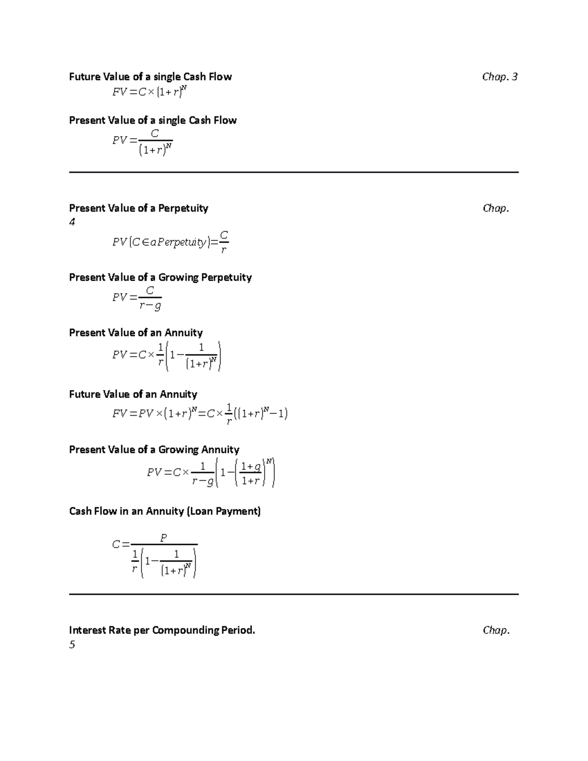 Formula Sheet APCB - Future Value of a single Cash Flow Chap. 3 FV=C× ...