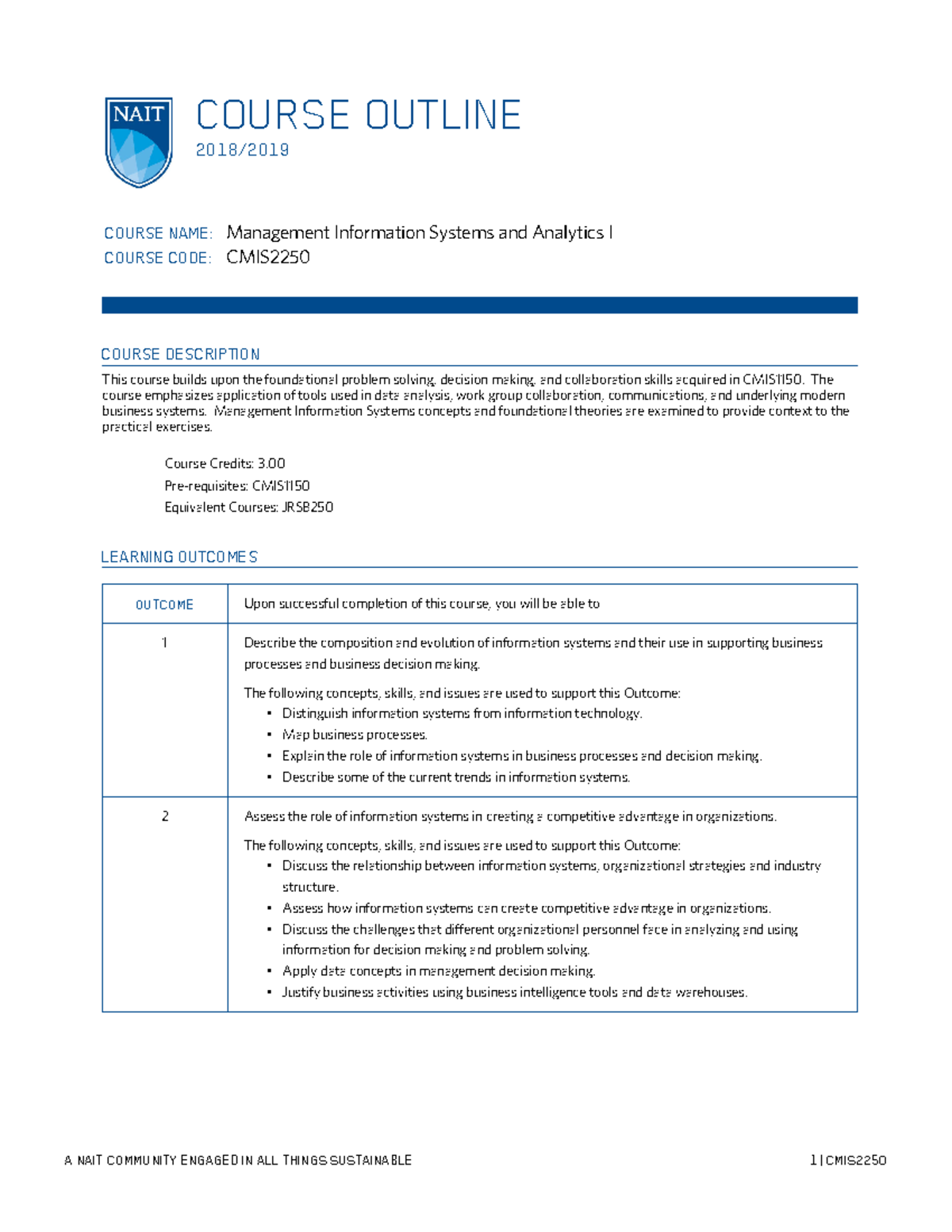 Course Outline CMIS2250 - 2018 - COURSE OUTLINE 2018/ COURSE NAME ...