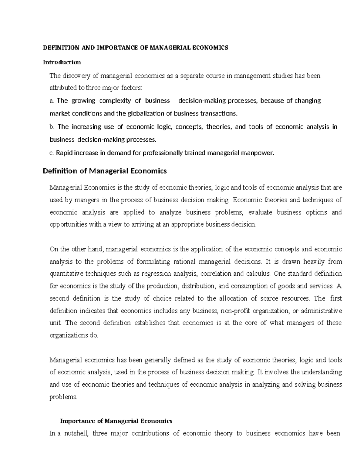 Managerial Economics ECO 316 - DEFINITION AND IMPORTANCE OF MANAGERIAL ...