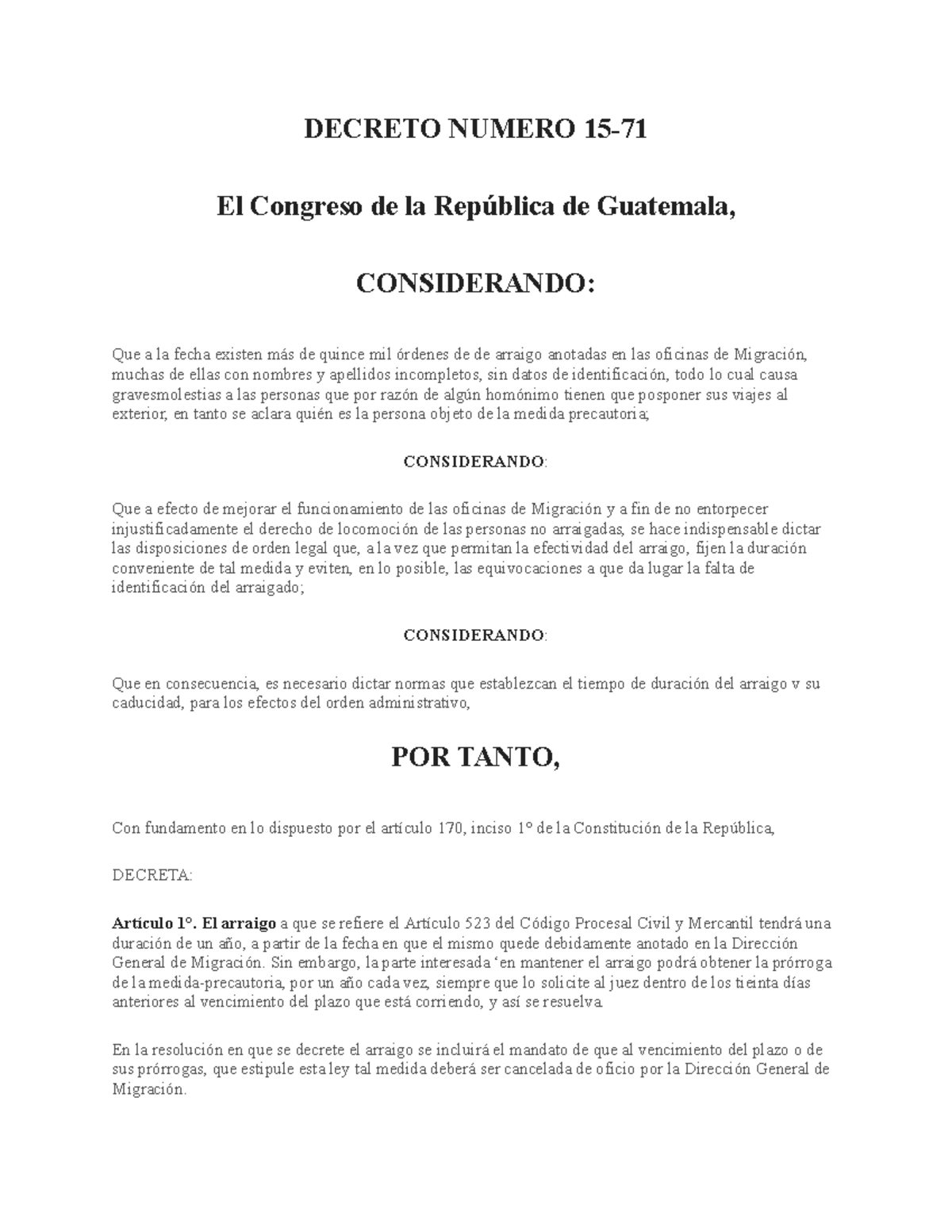 Decreto Numero 15-71 - DECRETO NUMERO 15- El Congreso de la República ...