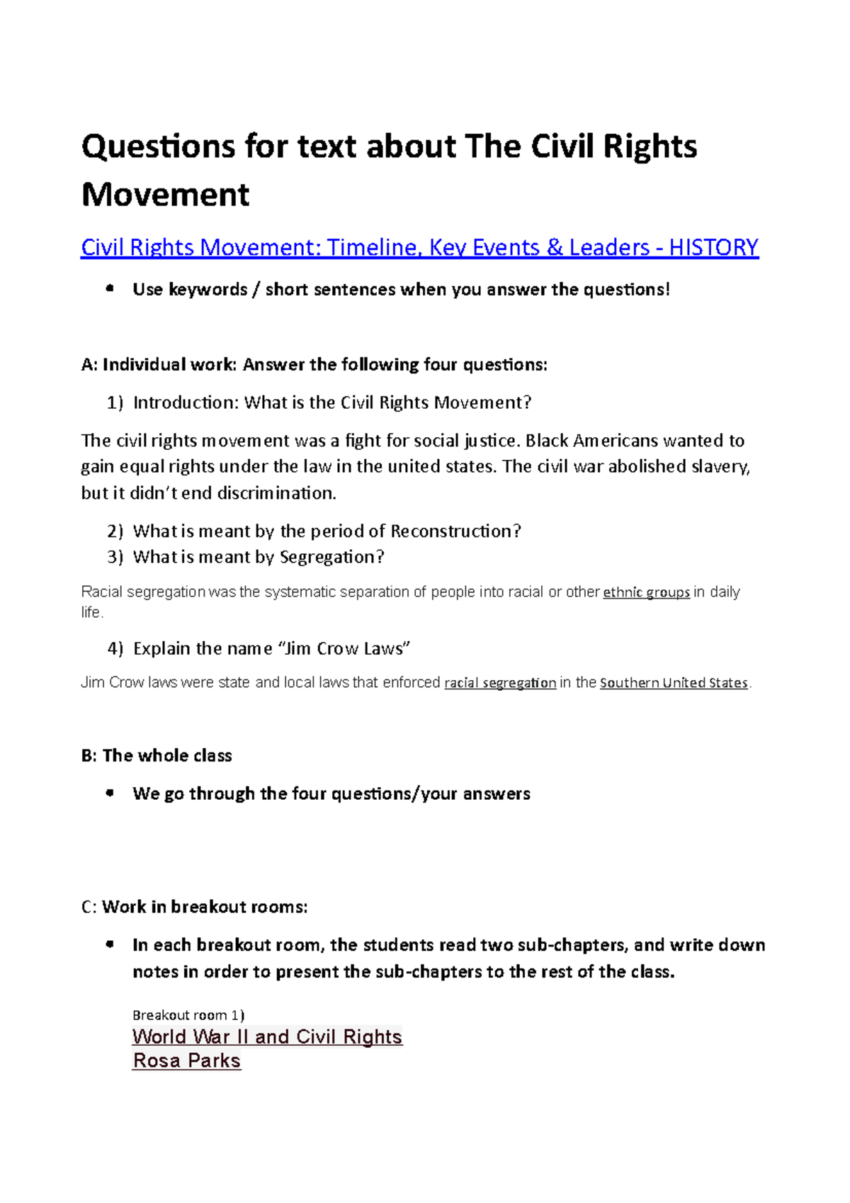 Questions for text about The Civil Rights Movement - Questions for text ...